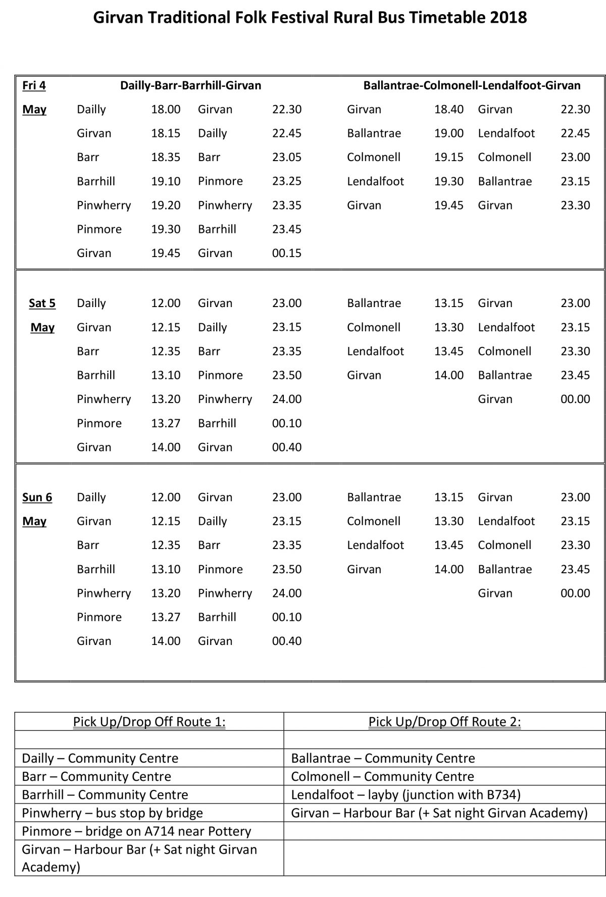 Timetable For Local Festival Bus Services Girvan Folk Festival Timetable For Local Festival Bus Services Girvan Folk Festival